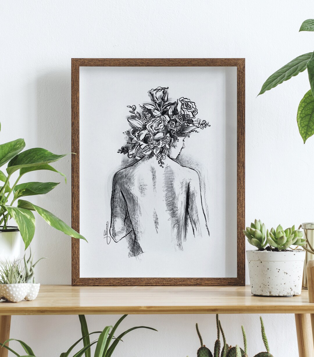 Elegant Modern Female Figure Drawing Original Floral Woman Wall Art ...