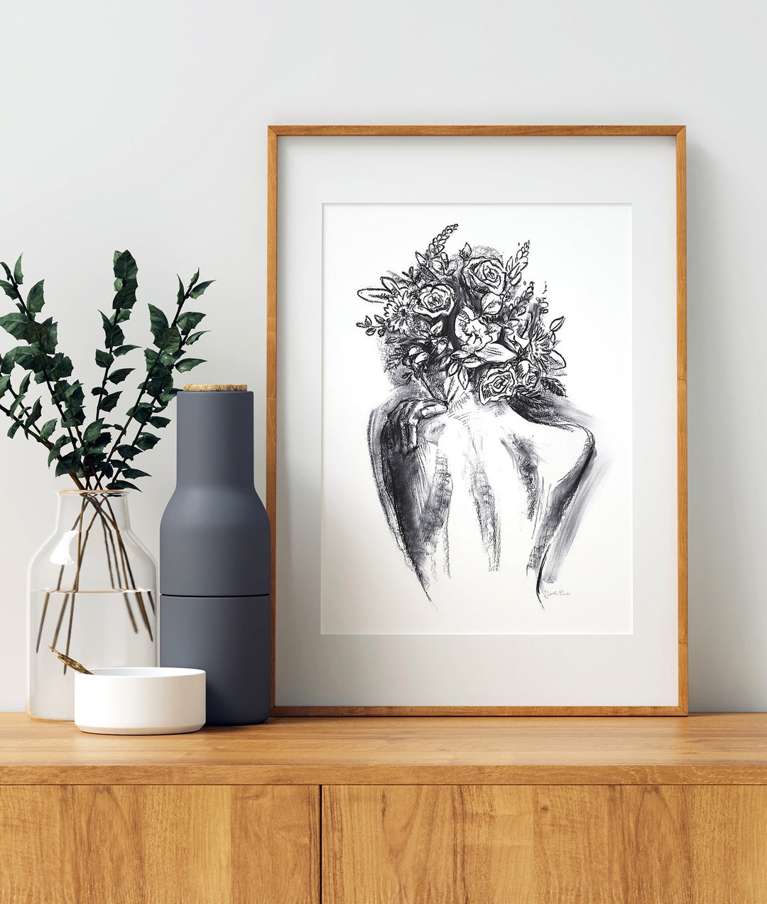 Elegant Modern Female Figure Drawing Original Floral Woman Wall Art ...