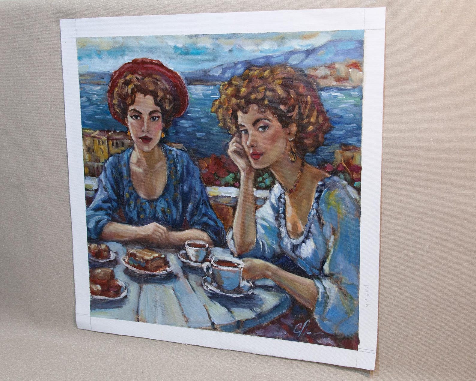Original Oil Painting of Italian Cafe by the Sea, Ladies, Impressionist ...