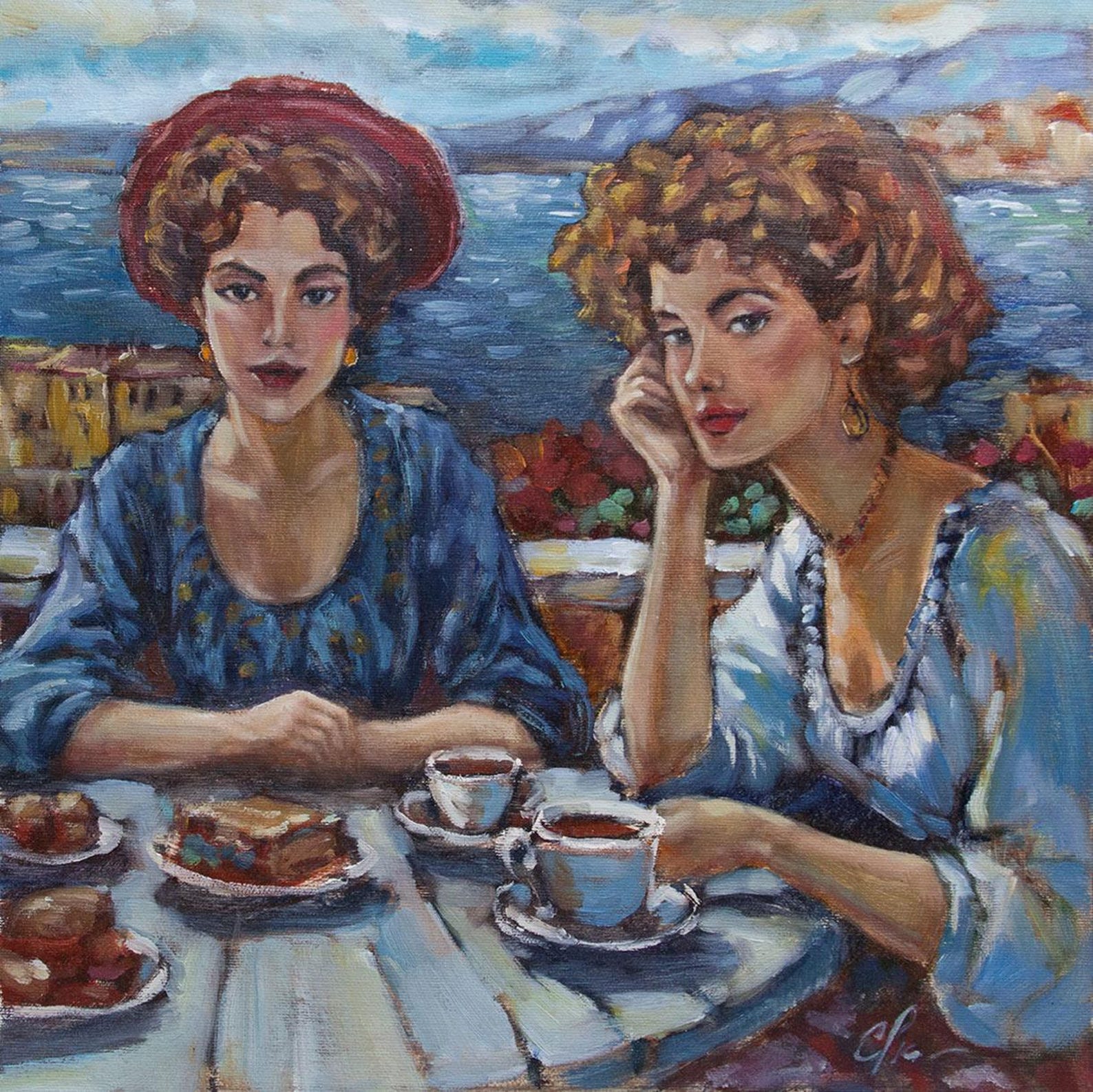 Original Oil Painting of Italian Cafe by the Sea, Ladies, Impressionist ...