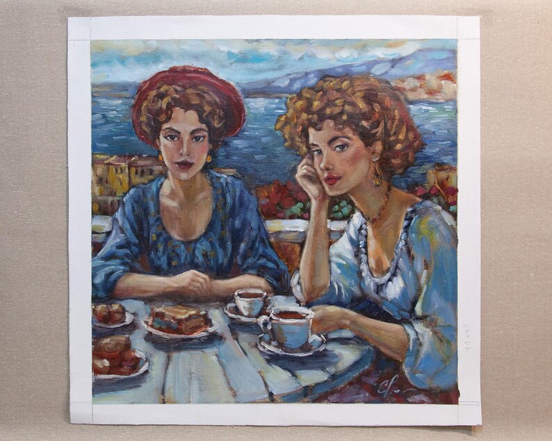Original Oil Painting of Italian Cafe by the Sea, Ladies, Impressionist ...