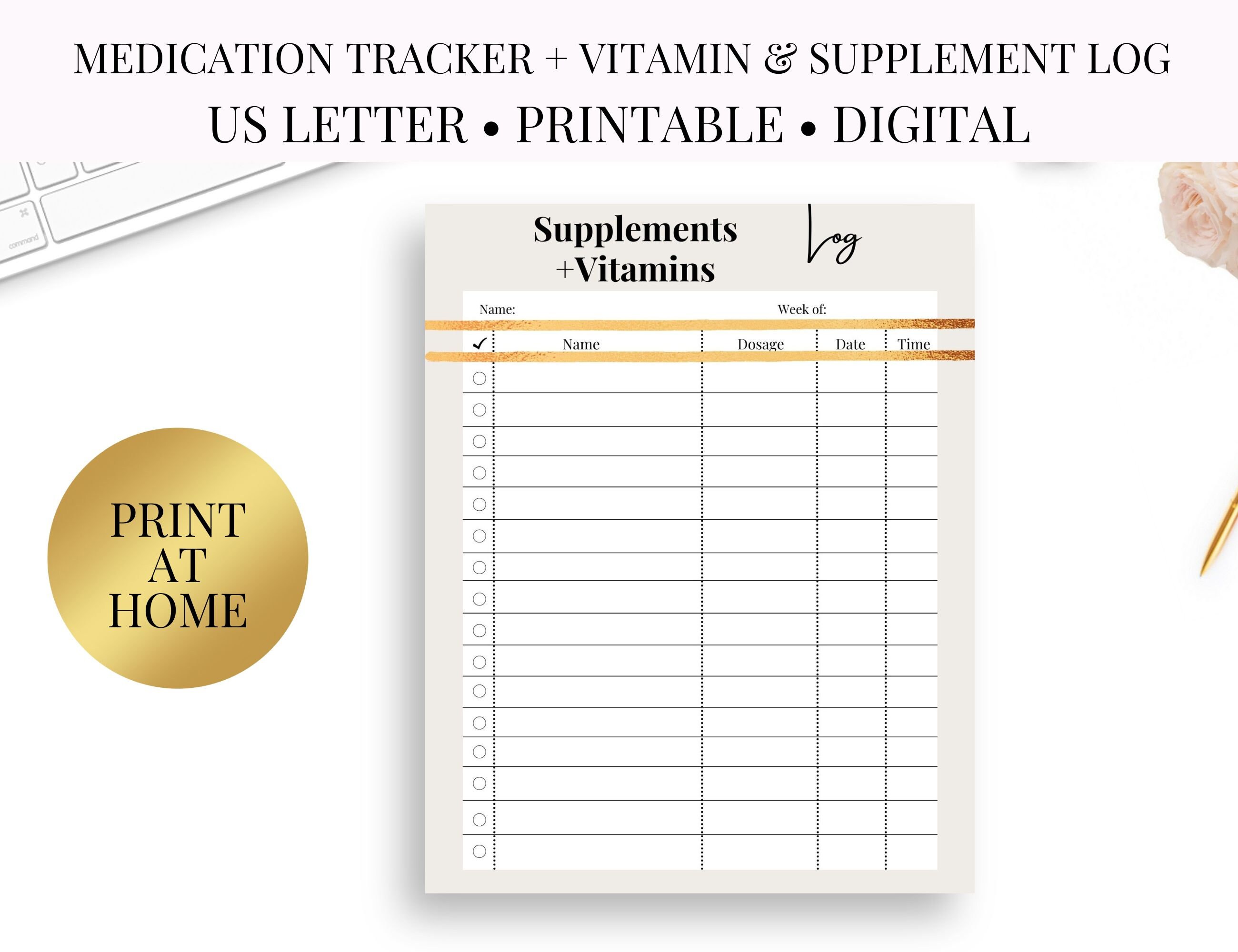 Medication Tracker, Vitamin Supplement Tracker, Health Log, Supplement ...