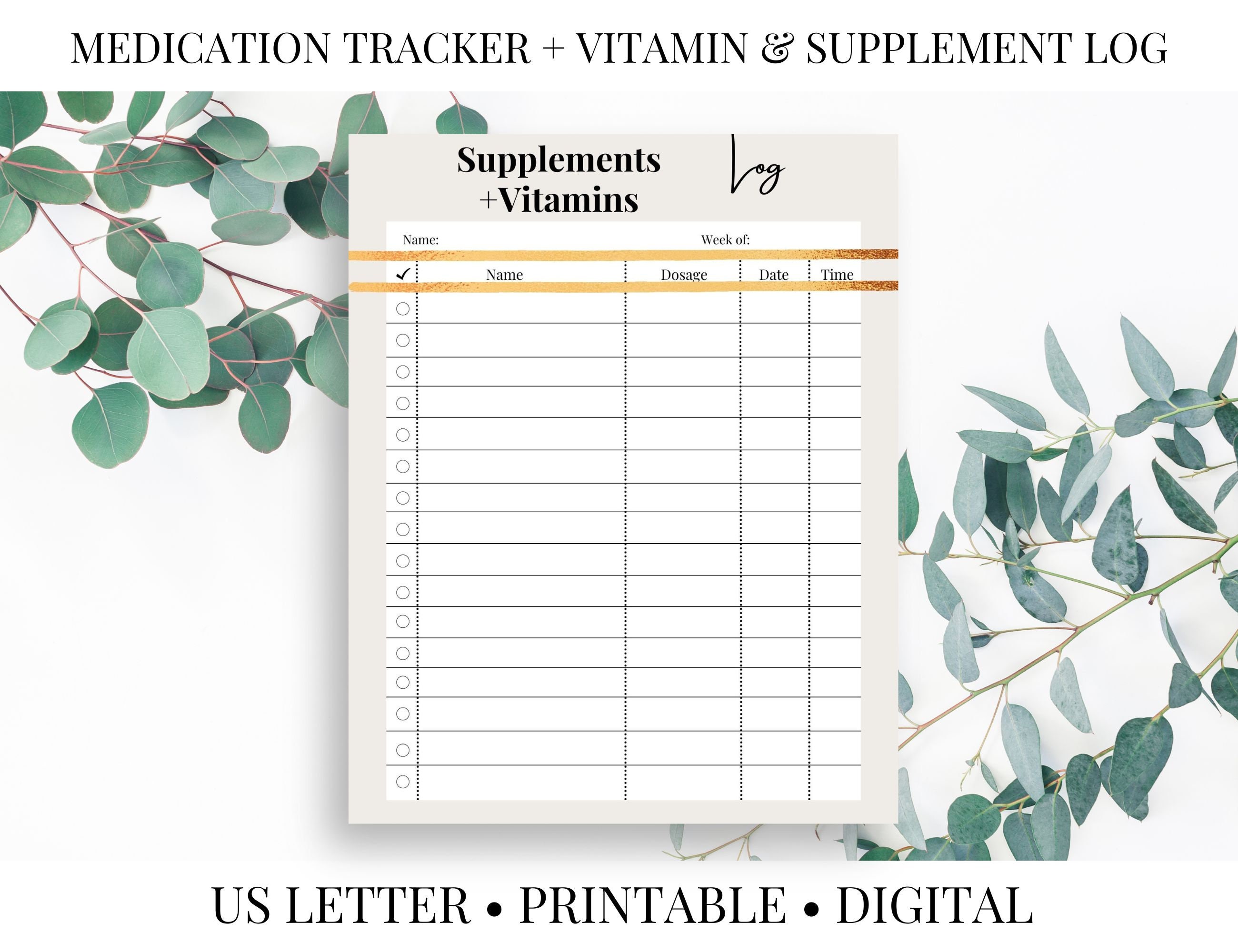 Medication Tracker, Vitamin Supplement Tracker, Health Log, Supplement ...