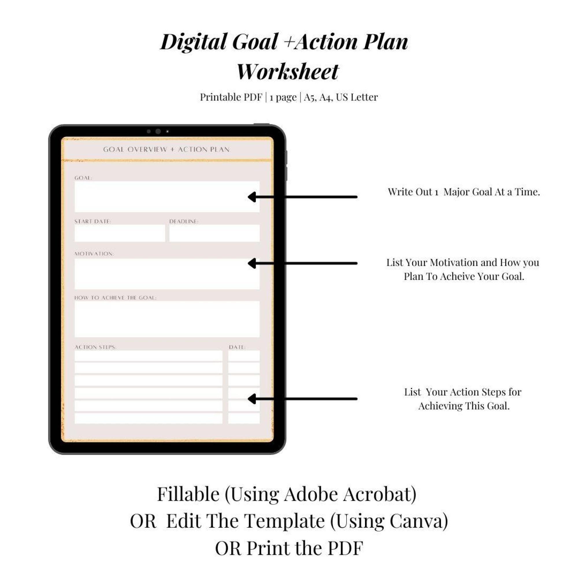 Goals + Action Plan Worksheet, 2022 Goals Printable, Goal Setting ...