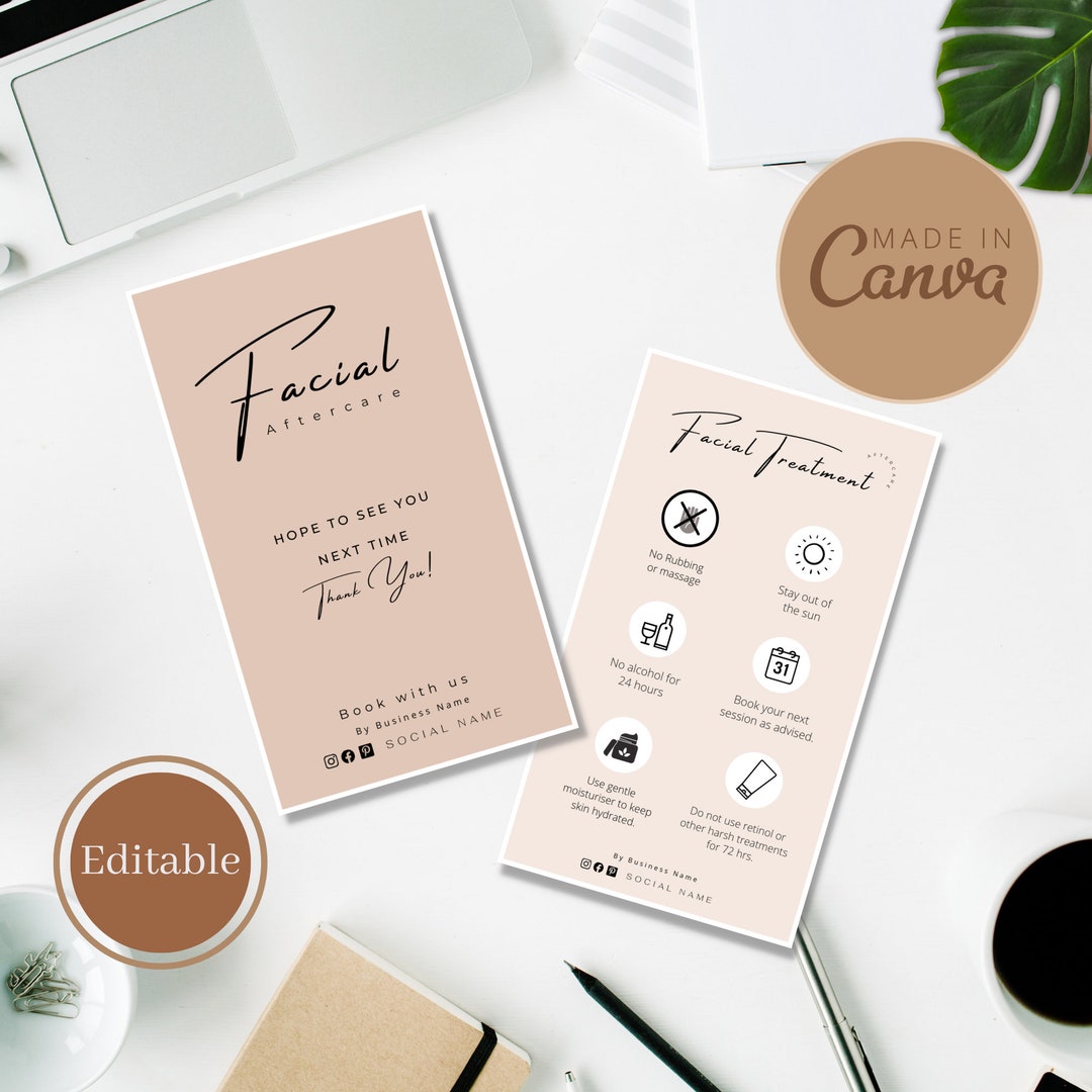 Facial Treatment Aftercare Card | Aesthetician Card, Editable Facial ...