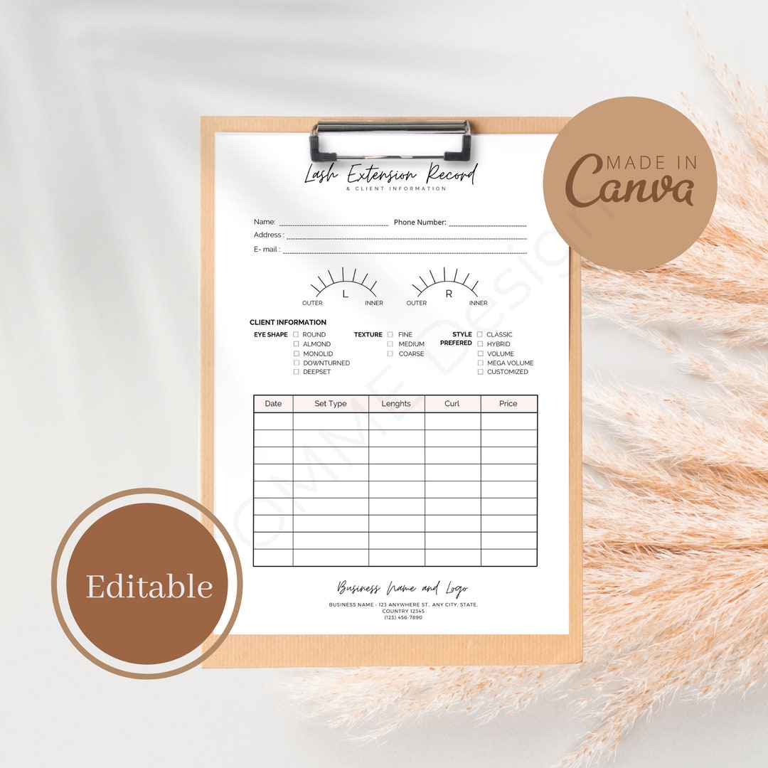 Eyelash Extensions Client Record Card Form - Instant Download, Boutique ...