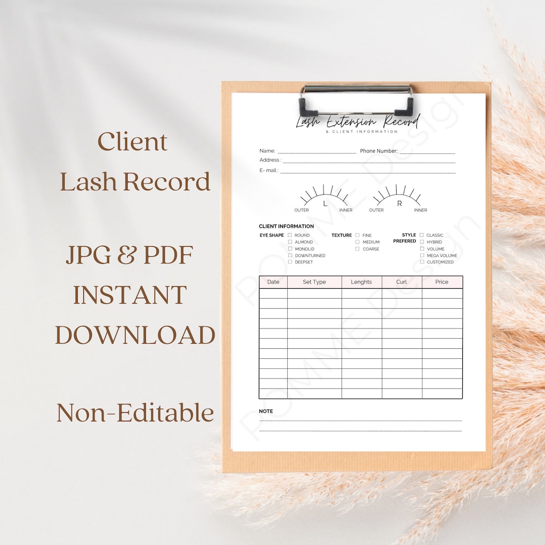 Eyelash Extensions Client Record Card: Printable Information Form ...