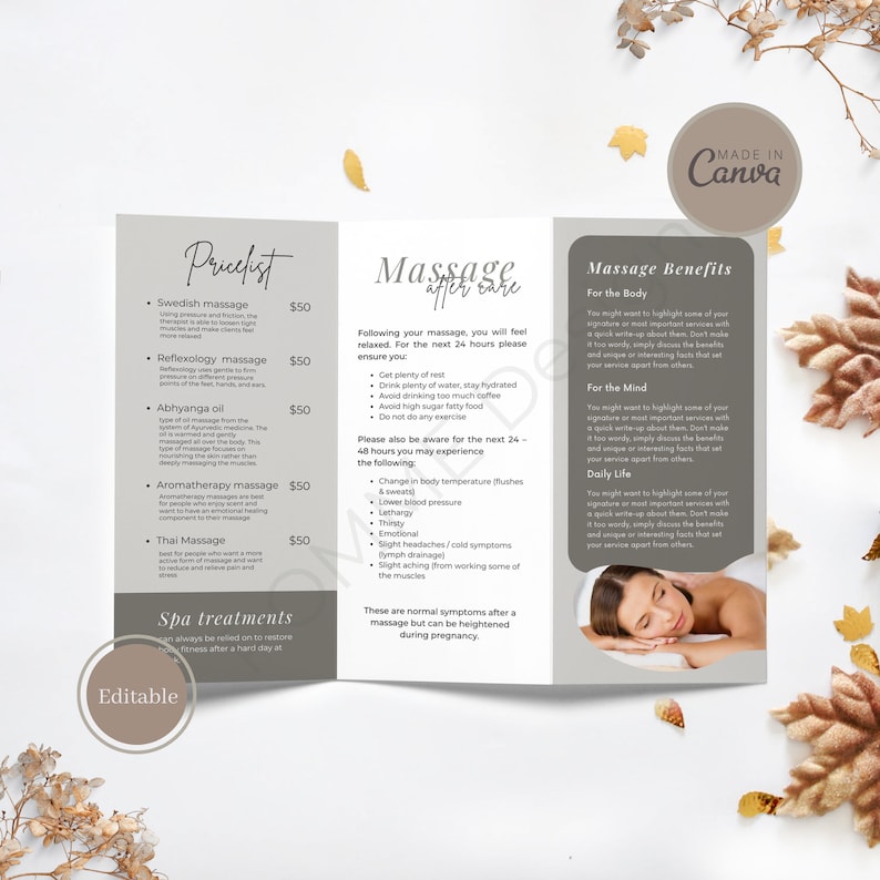 Massage Trifold Brochure: Printable Canva Template (A4) - Etsy