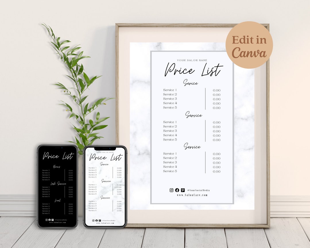 Editable Salon Price List Template: A4 Print, Instagram Story (PDF) - Etsy