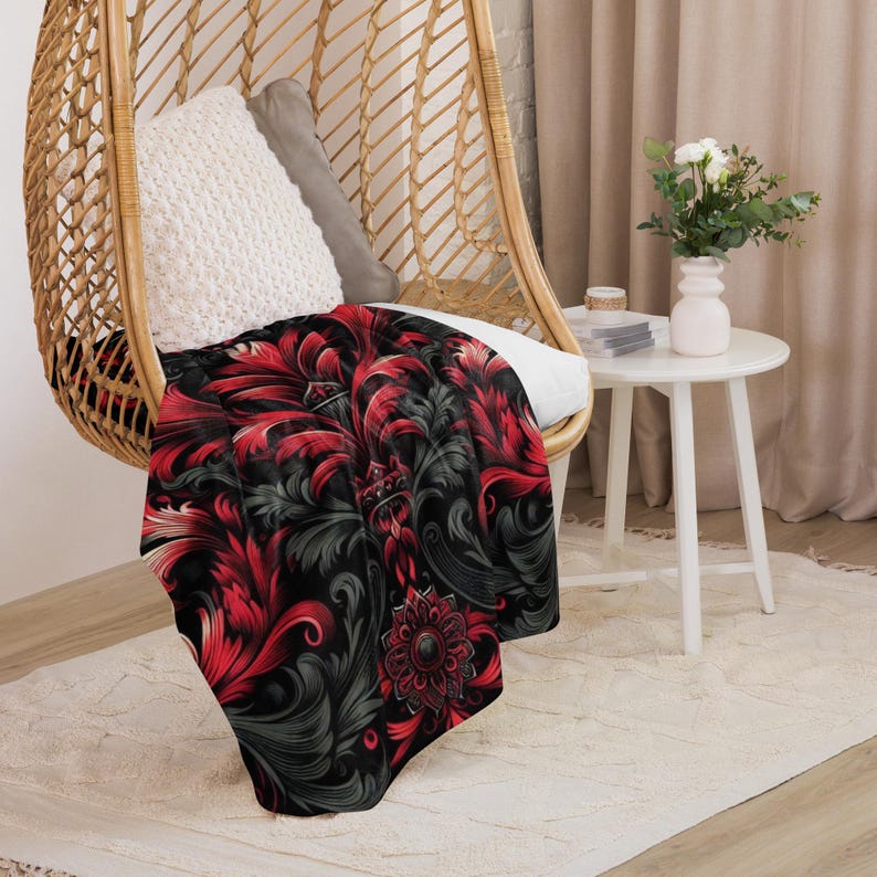 Nightshade Red and Black Damask Sherpa Blanket, Gothic Decor, Vampire ...