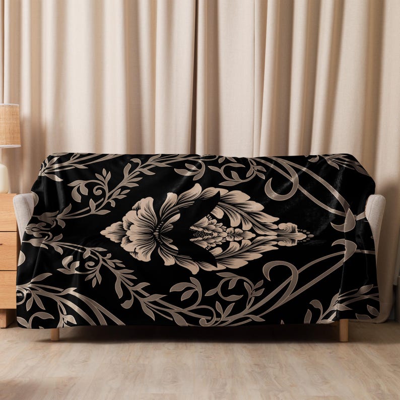 Victorian Gothic Bat Damask Sherpa Blanket, Damask Leaves and Vine ...