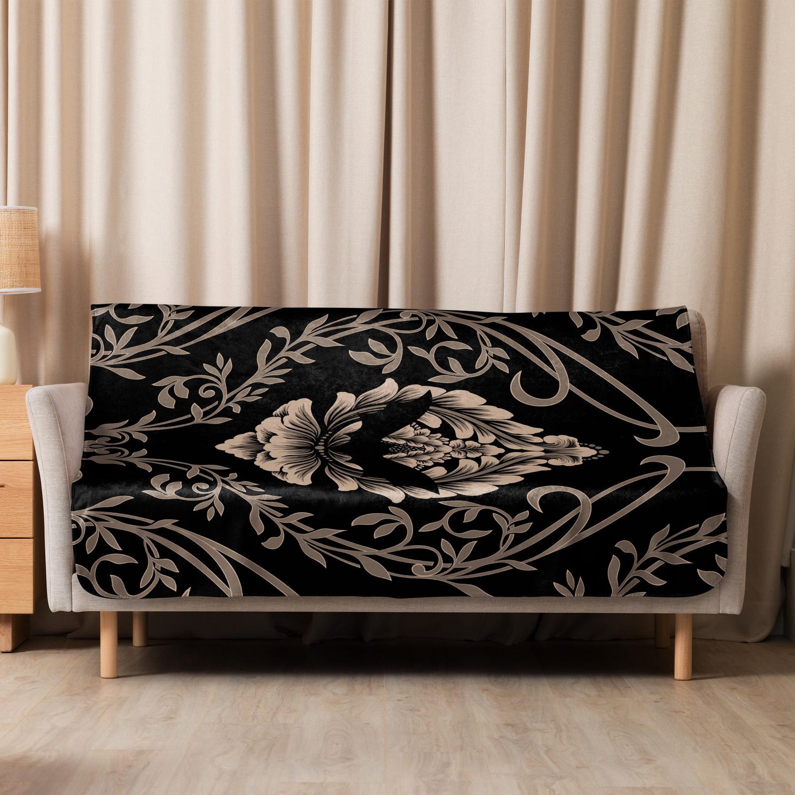 Victorian Gothic Bat Damask Sherpa Blanket, Damask Leaves and Vine ...