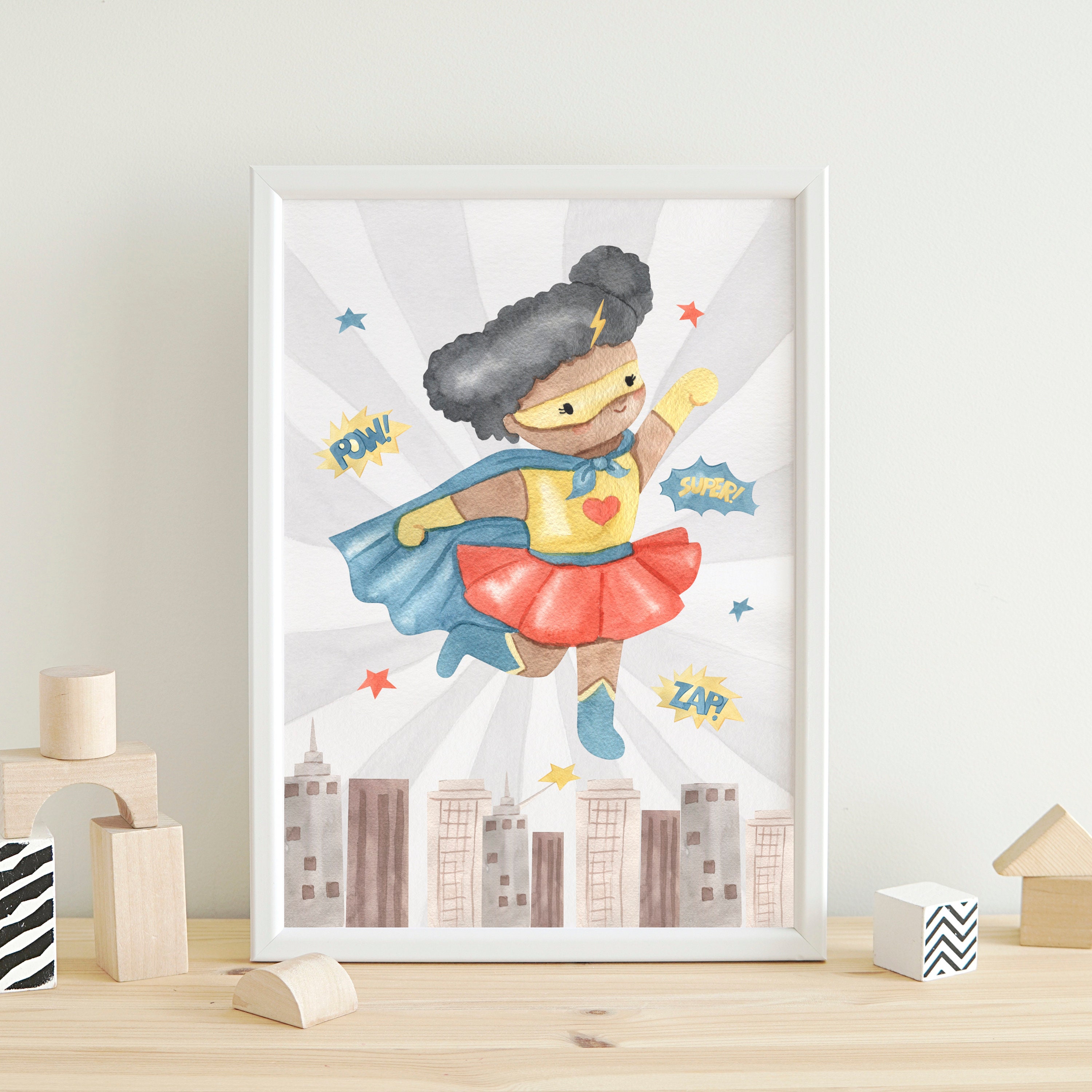 Superhero Wall Art Prints, Supergirl Watercolor Poster, Kids Room Art ...