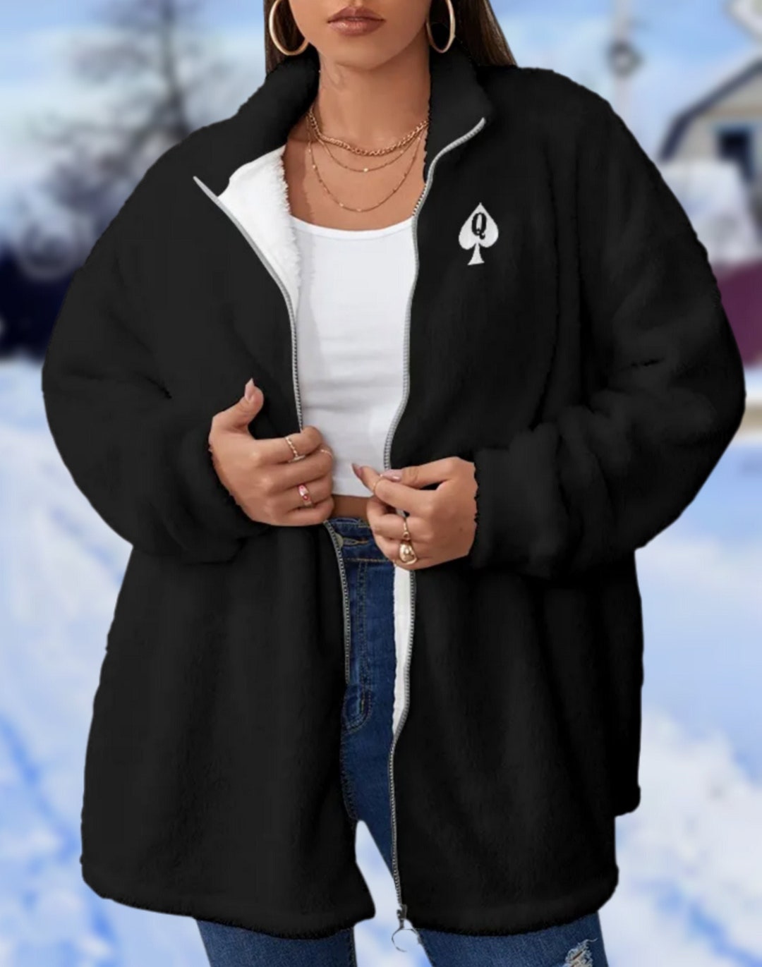 QUEEN OF SPADES Borg Fleece Stand-up Collar Coat, Large Size, Qos ...