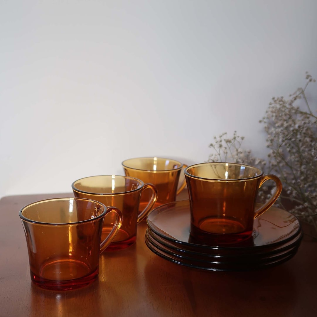 Vintage French Duralex Amber Brown Glass Clear Coffee Cup Set of 4 ...