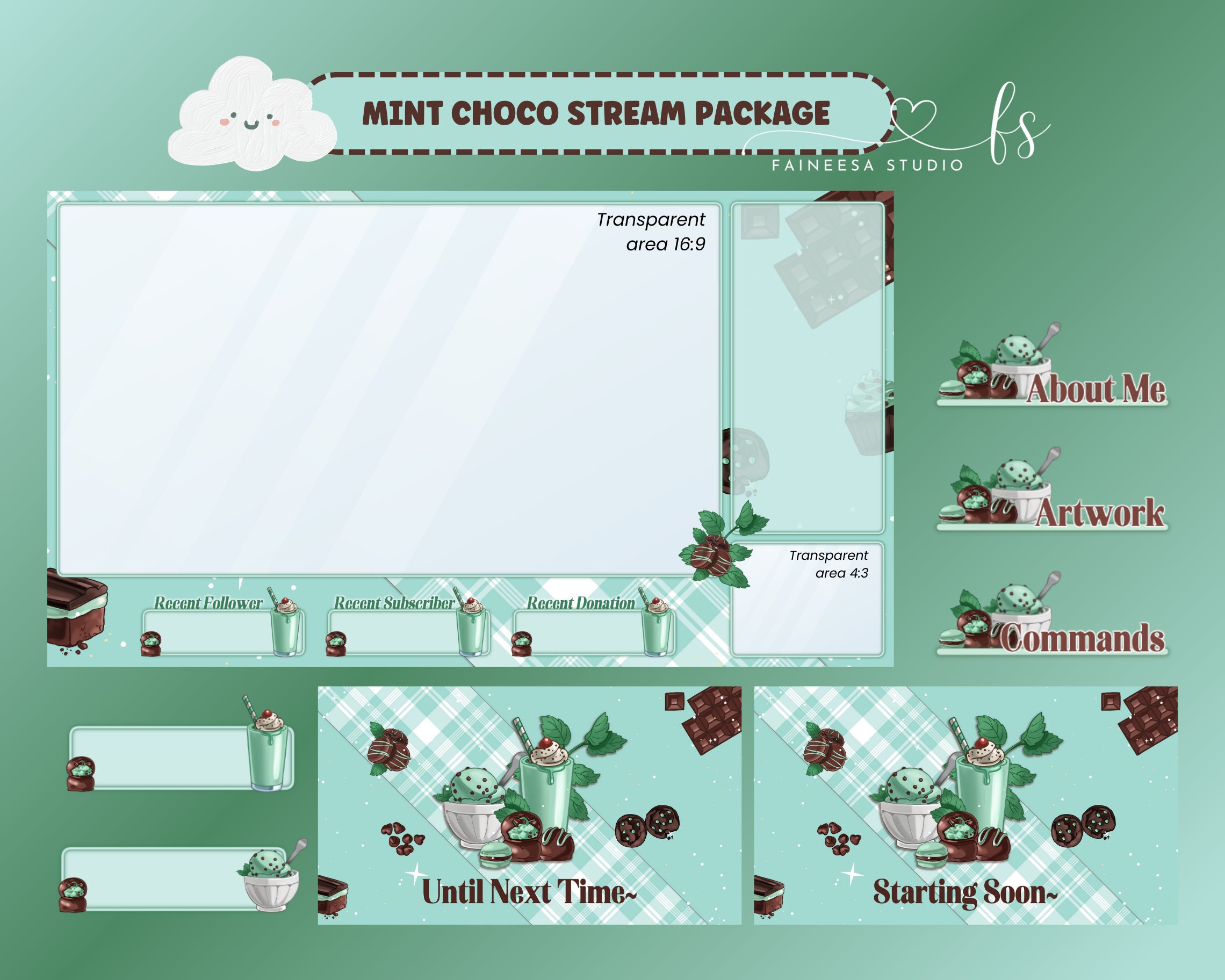 Mint Choco Animated Twitch OBS Stream Overlay Package Streamer Vtuber ...