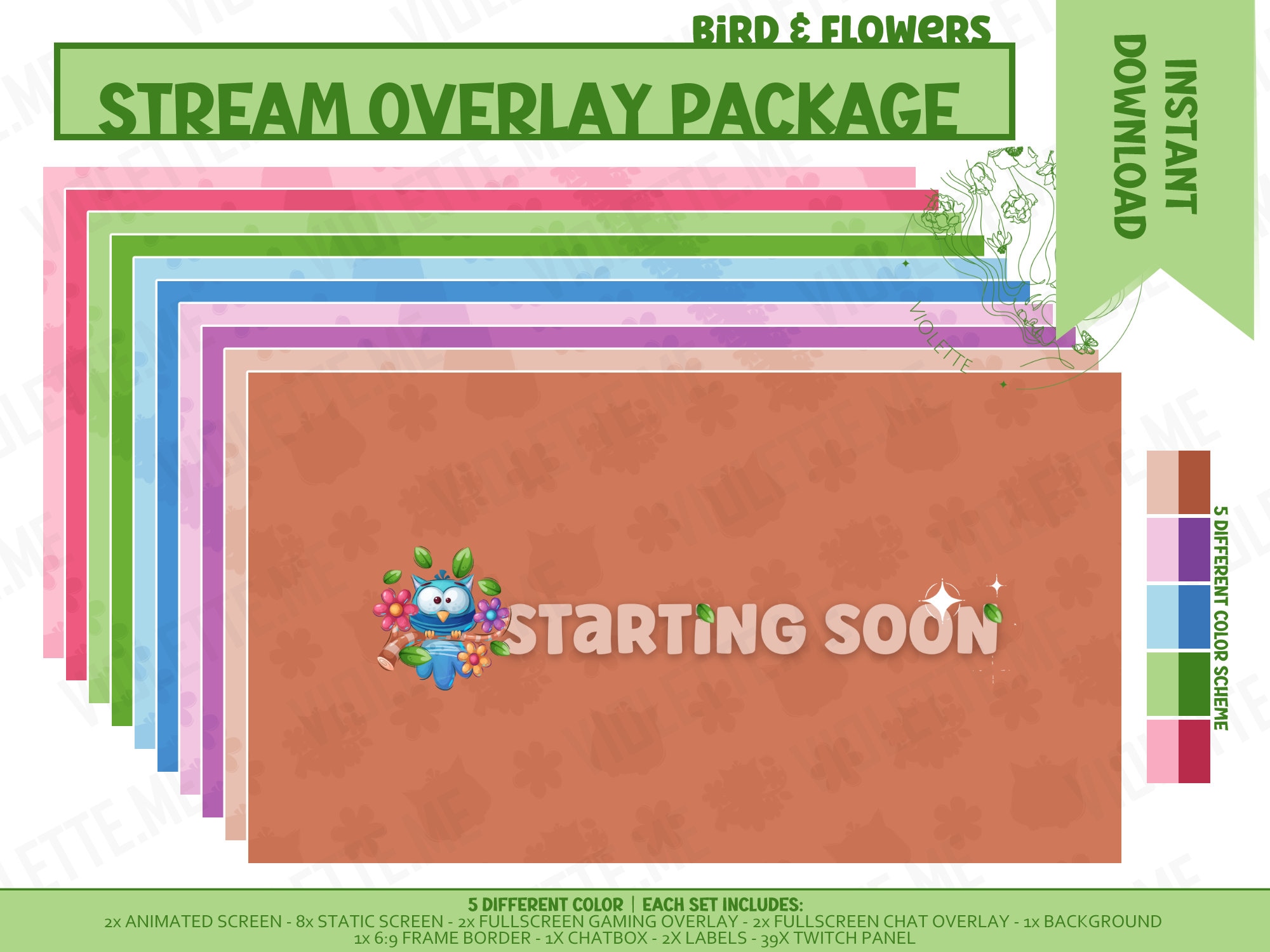 Bird & Flowers Twitch OBS Stream Overlay Package Streamer Vtuber Kawaii ...