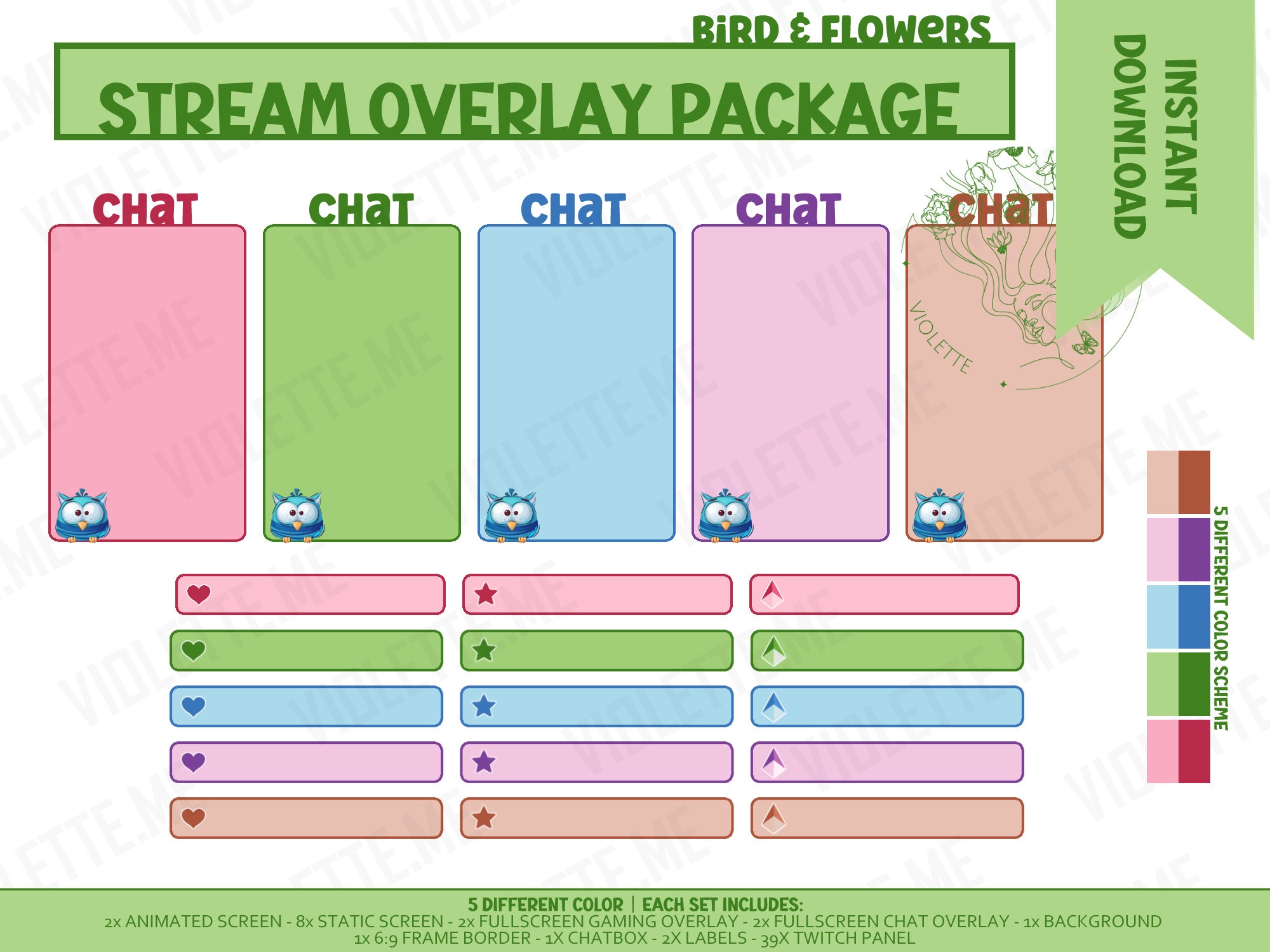 Bird & Flowers Twitch OBS Stream Overlay Package Streamer Vtuber Kawaii ...