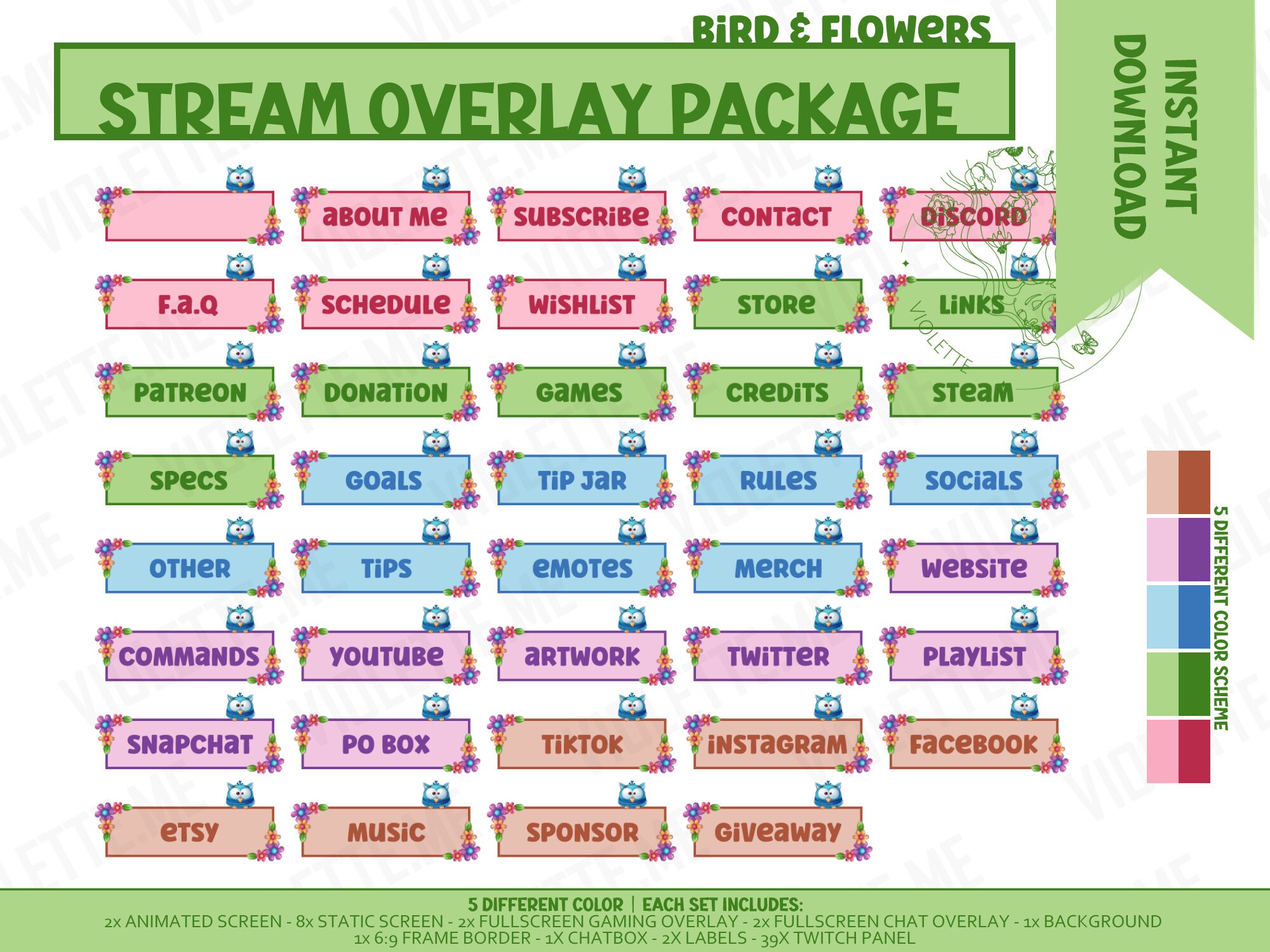 Bird & Flowers Twitch OBS Stream Overlay Package Streamer Vtuber Kawaii ...