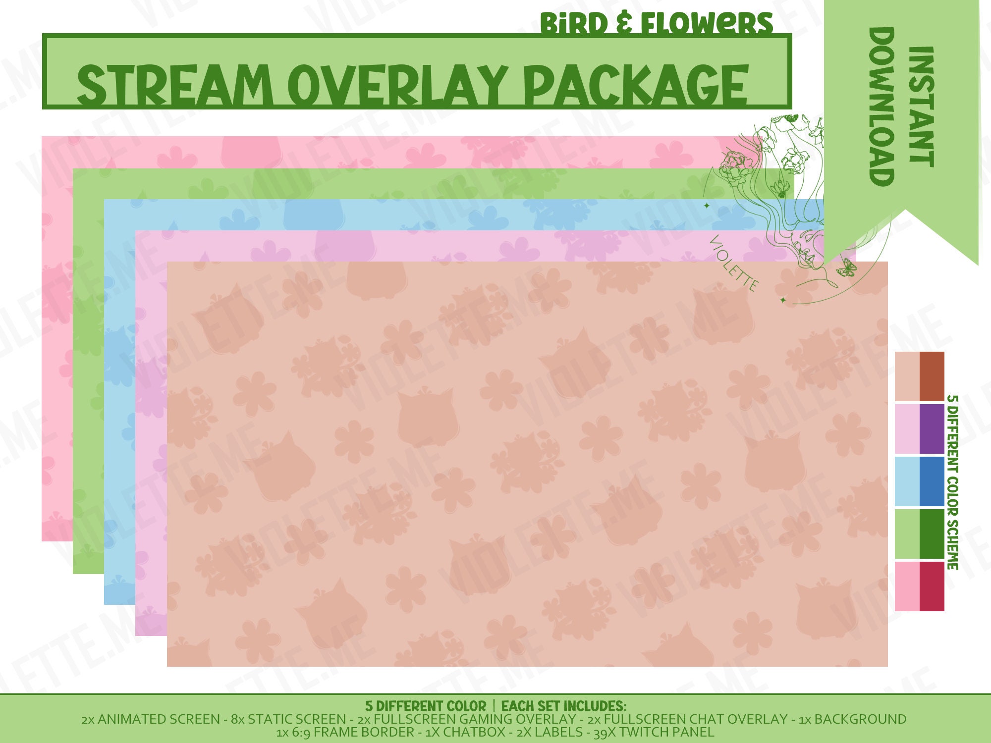 Bird & Flowers Twitch OBS Stream Overlay Package Streamer Vtuber Kawaii ...