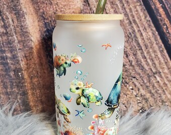 Turtle Floral Glass Can, Floral Turtle Glass Tumbler, Turtle Iced ...