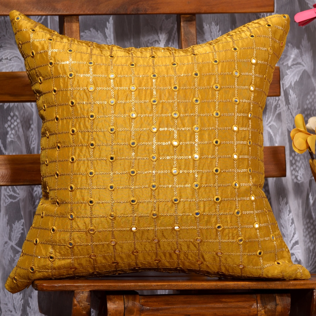 Gold Mirror Embroidery Pillow Cover: Mustard Yellow Decorative Cushion ...