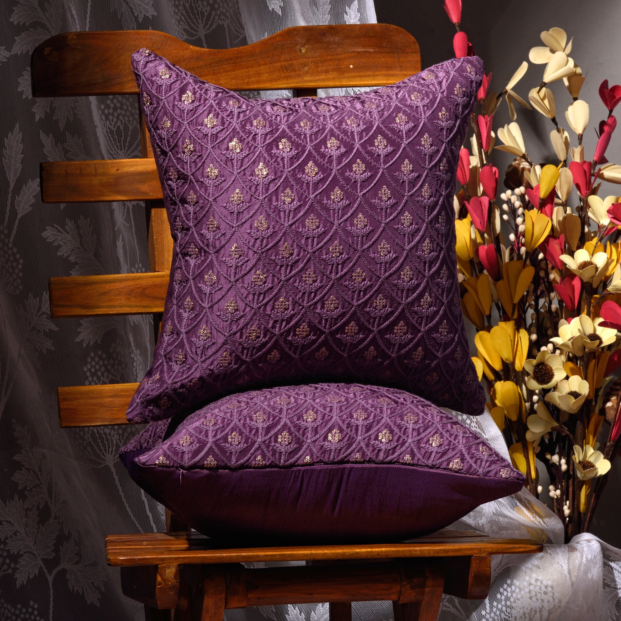 Purple Embroidered Throw Pillow Cover: Decorative Sofa Cushion Single ...