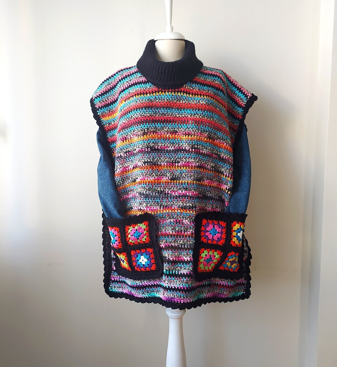Handmade Crochet Poncho: Boho Granny Square Pockets, Colorful Knitwear ...