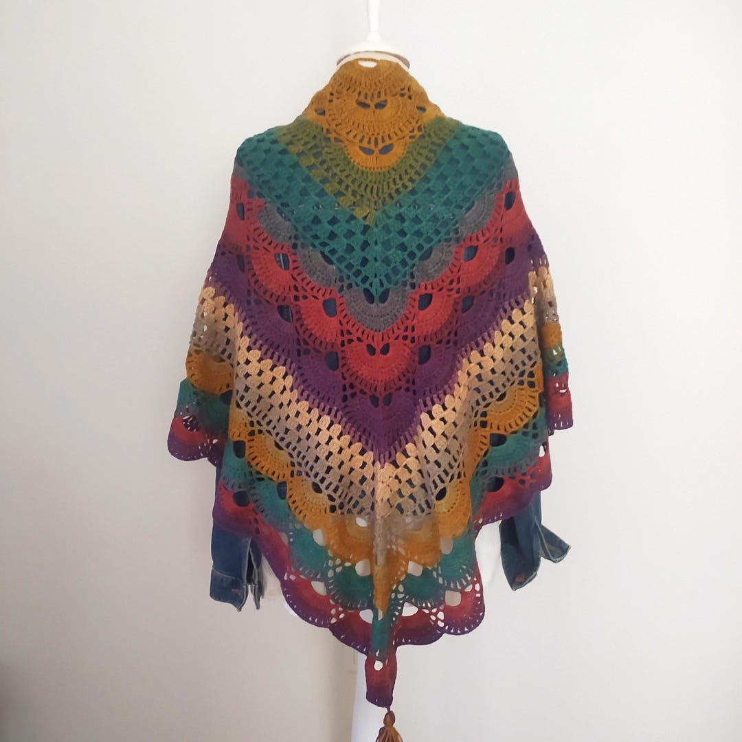 Handmade Crochet Shawl, Boho Triangle Wrap, Colorful Festival Cape ...