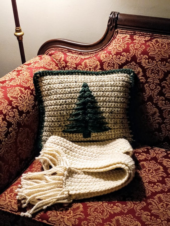 Pine Tree Pillow | Handmade, Crocheted, Embroidered | Winter Home Decor ...