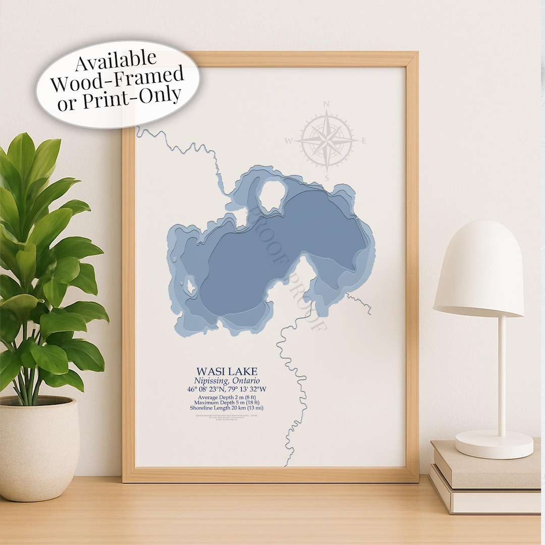 Wasi Lake Map | Nipissing | Custom Lake Map | Bathymetric Print | Lake ...