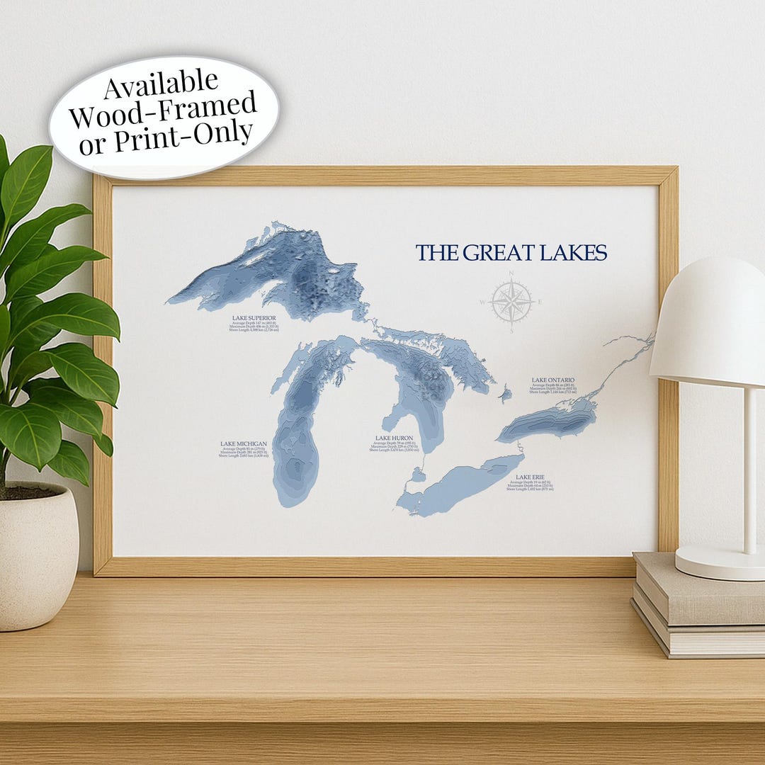 Great Lakes Bathymetric Print Map | Custom Lake Map | Lake Depth Map ...