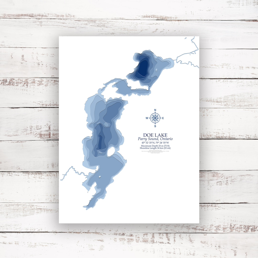 Doe Lake Little Doe Parry Sound Lake Map Bathymetric Map Custom Lake ...