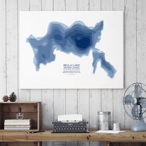Bella Lake Muskoka Lakes Bathymetric Map Print 12x16 to 30x40 Lake Gift ...