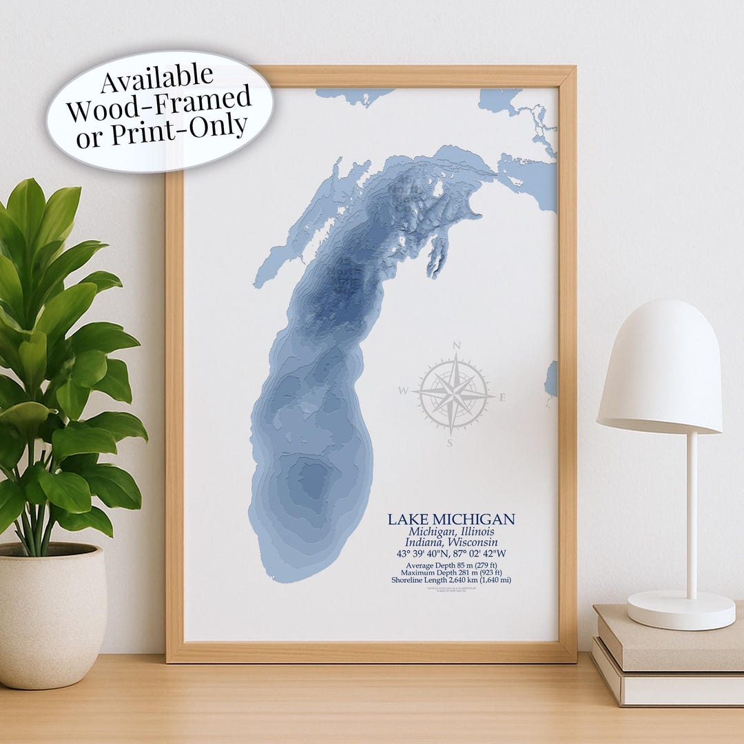 Lake Michigan Map | Great Lakes Bathymetric Print | Custom Lake Map ...
