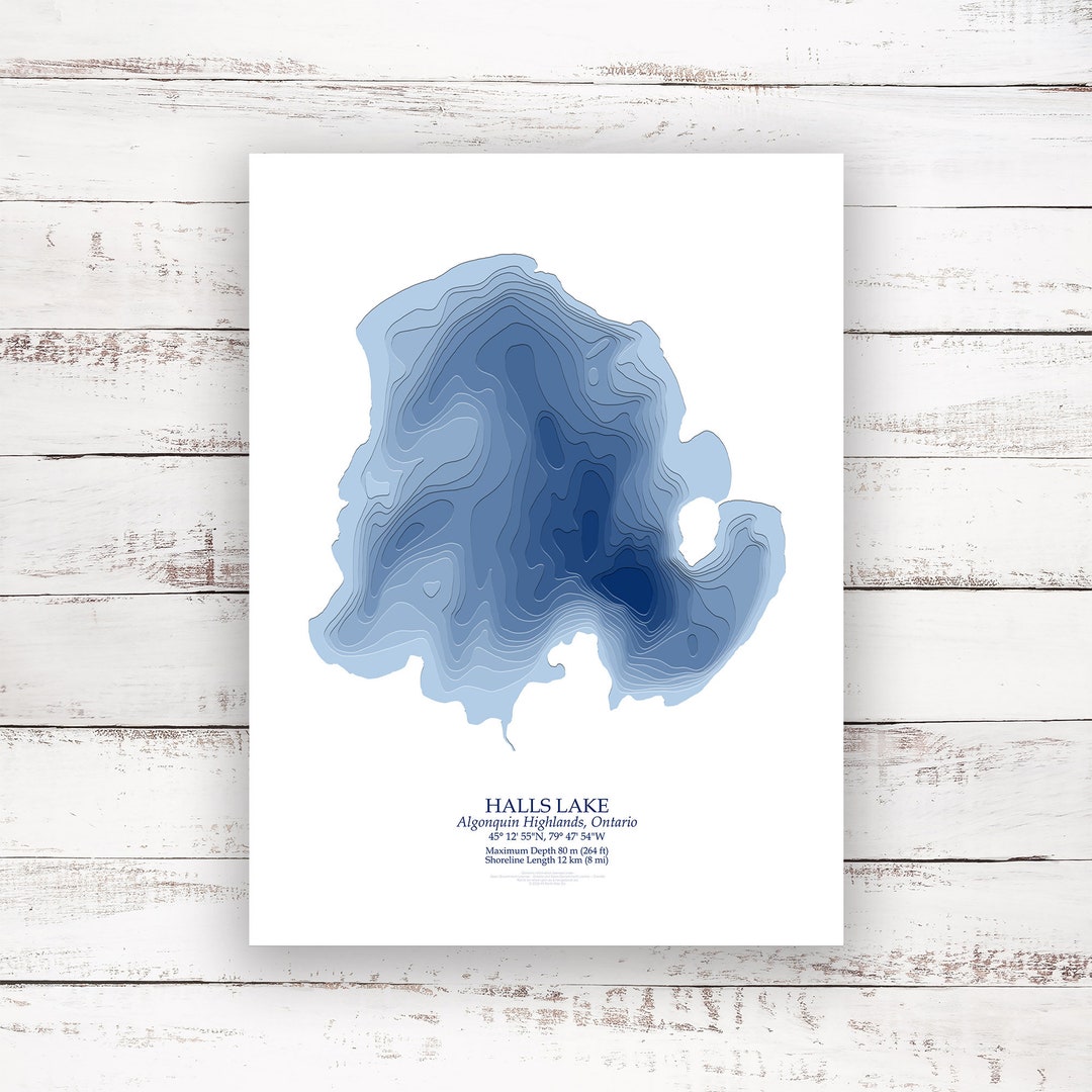 Halls Lake Ontario | Bathymetric Map Lake Depth Print | 12"x16" to 30 ...