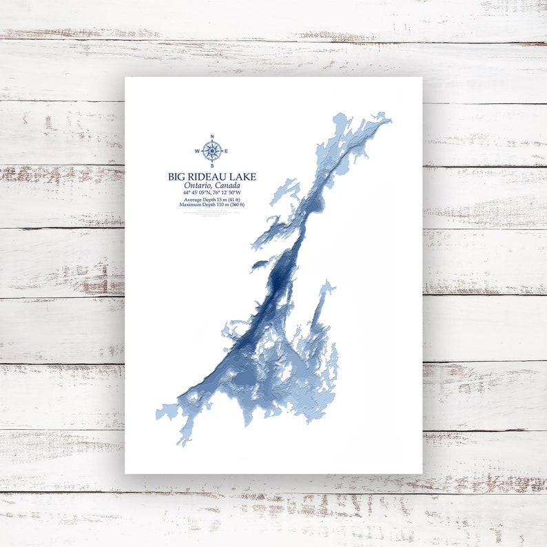 Big Rideau Lake Rideau Canal Bathymetric Map Print Poster Custom Lake ...