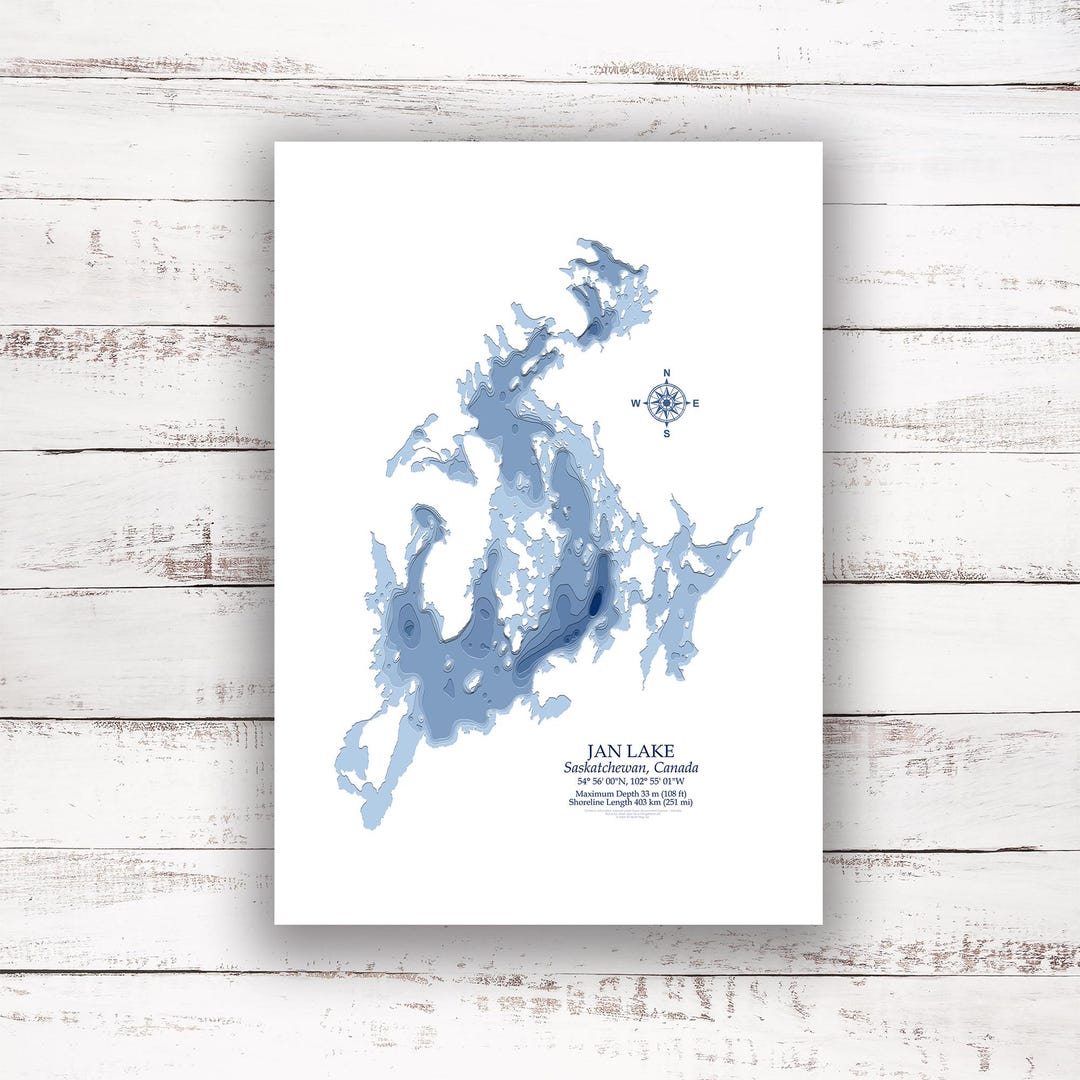 Jan Lake Saskatchewan | Bathymetric Map | Print Poster | Custom Lake ...