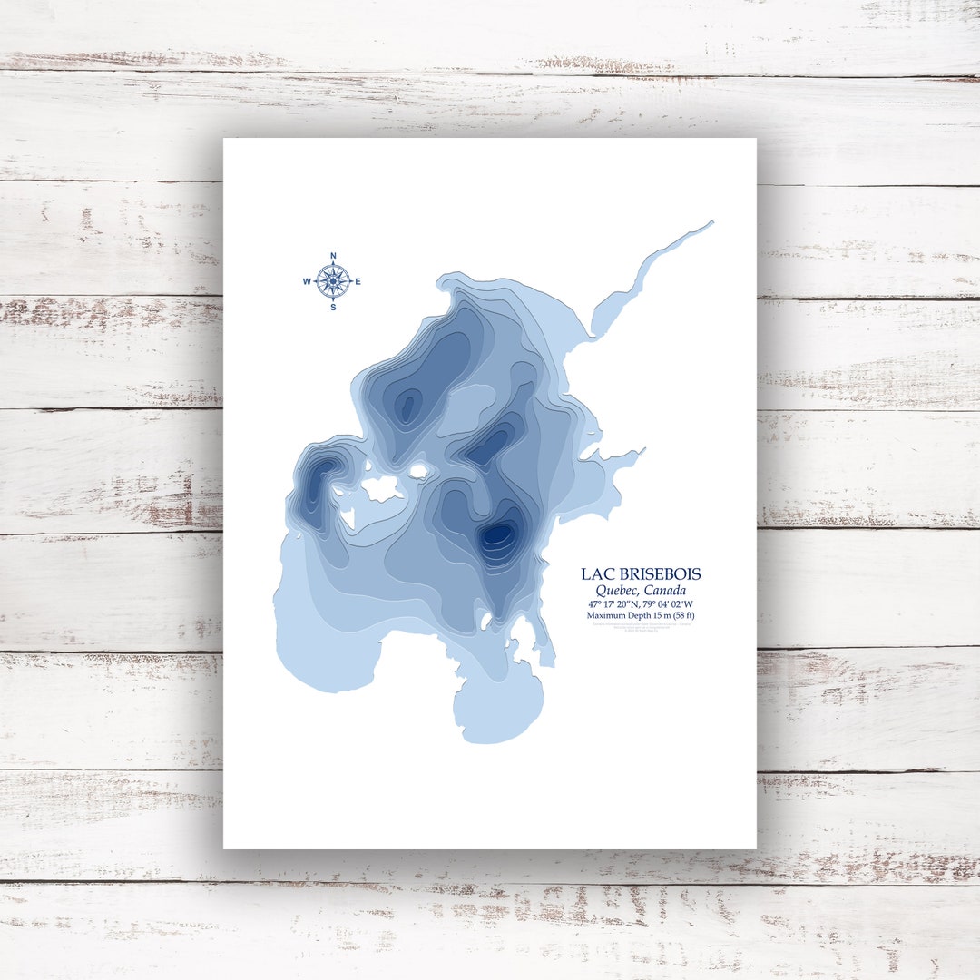 Lac Brisebois Quebec | Bathymetric Map Lake Depth Print | 12"x16" to 30 ...