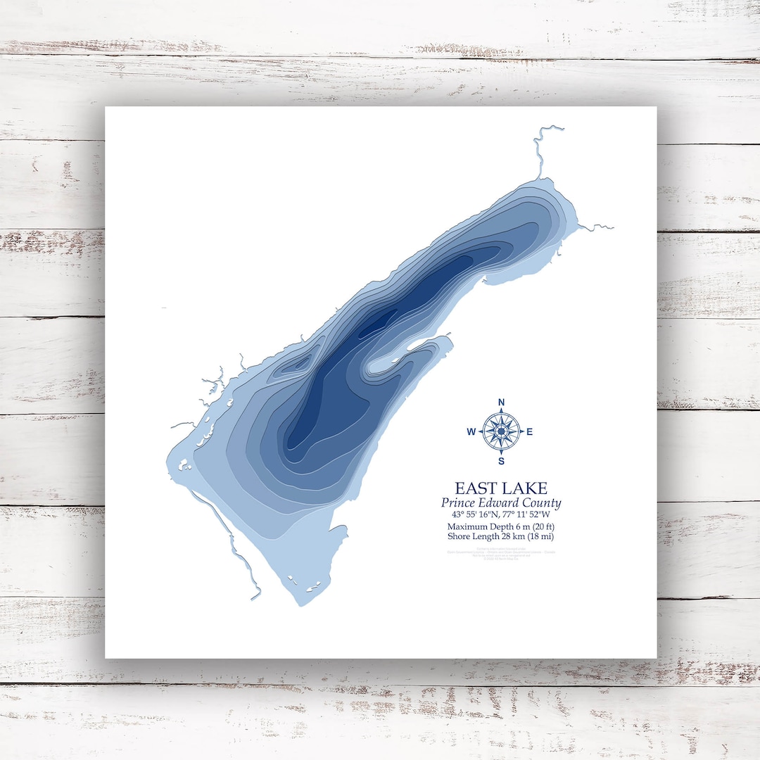 East Lake Sandbanks Provincial Park Lake Map Bathymetric Map Custom ...