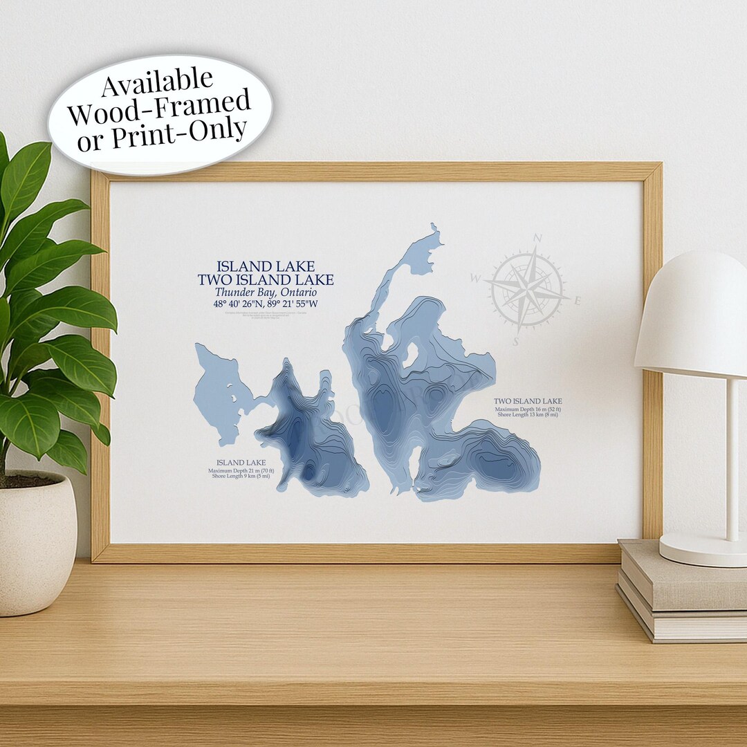 Two Island Lake Map | Thunder Bay | Custom Lake Map | Bathymetric Print ...