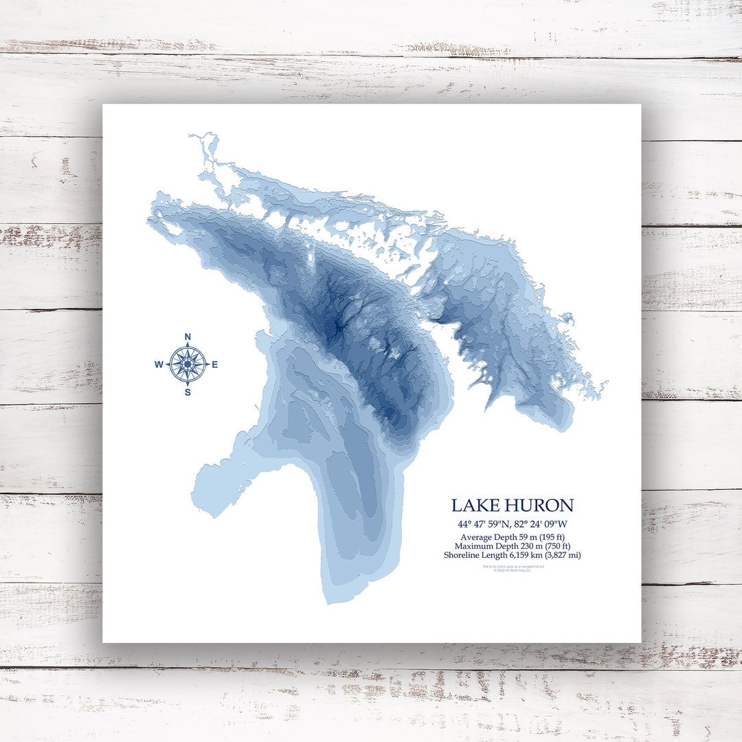 Lake Huron Great Lakes | Bathymetric Map | Print Poster | Custom Lake ...