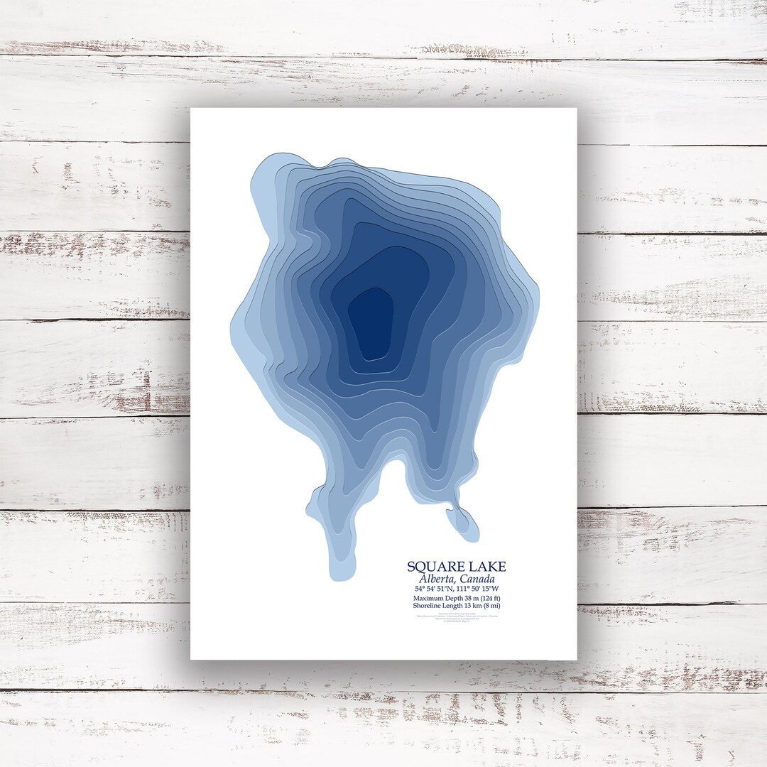 Square Lake Alberta | Bathymetric Map Print | 12"x18" to 28"x40"| Lake ...