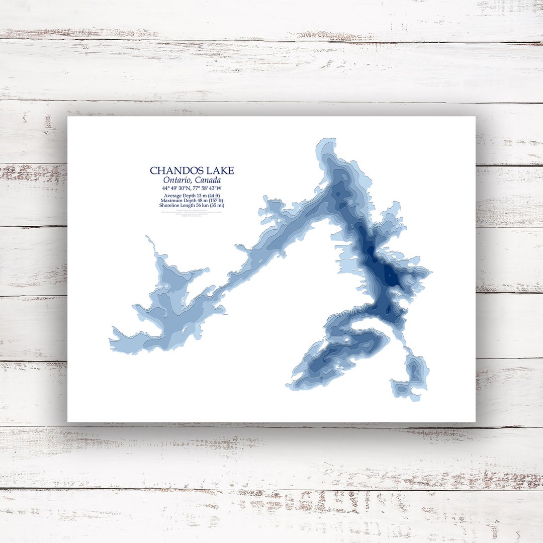 Chandos Lake North Kawartha Ontario Bathymetric Map Print Poster Custom ...