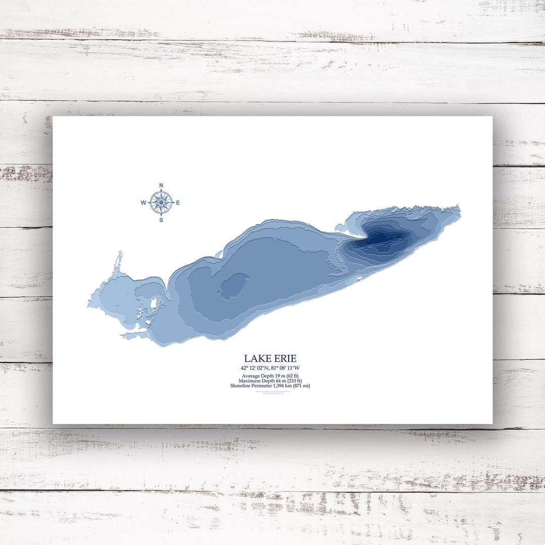 Lake Erie Great Lakes | Bathymetric Map | Print Poster | Custom Lake ...