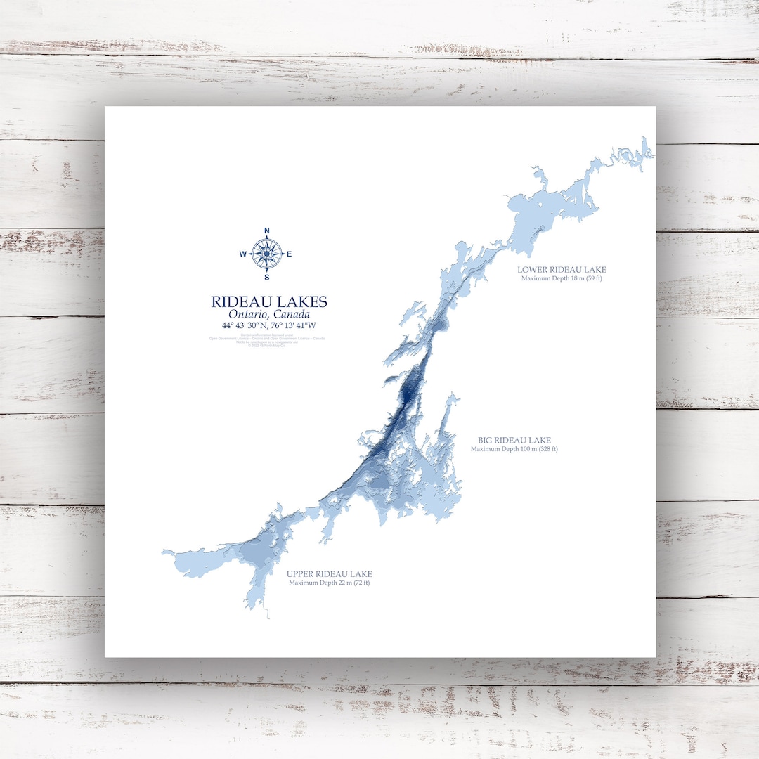 Rideau Lakes Ontario | Bathymetric Map Print | 12"x12" to 20"x20 ...