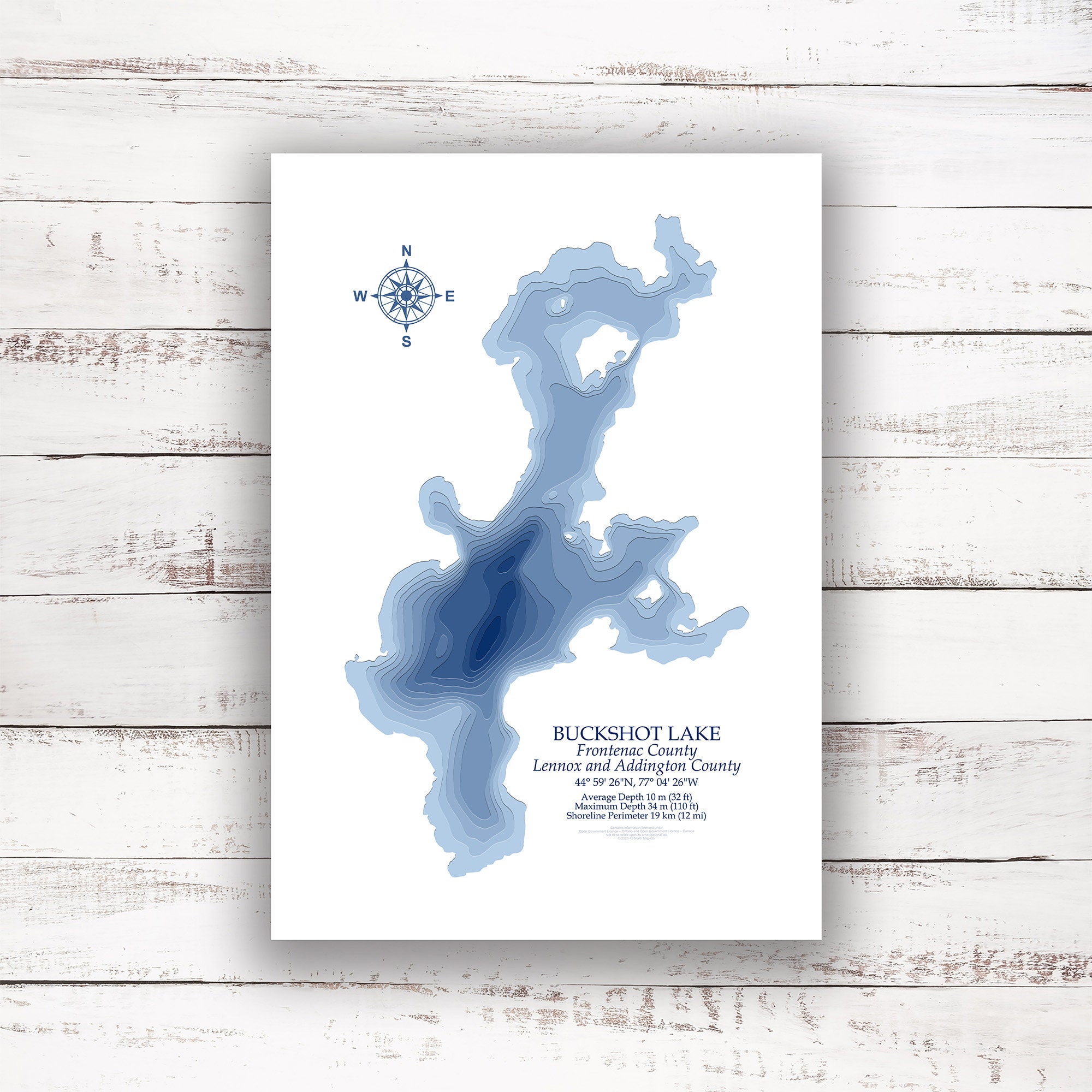 Buckshot Lake Ontario Bathymetric Map Print 12x18 to 28x40 Lake Gift ...