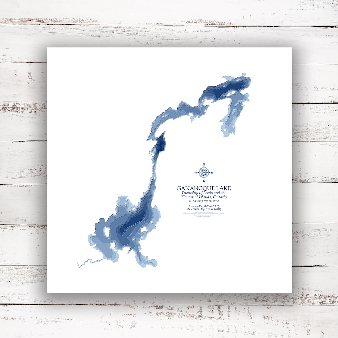 Gananoque Lake Ontario | Bathymetric Map Lake Depth Print | 12"x12" to ...