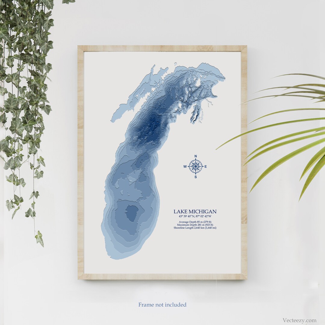 Lake Michigan | Bathymetric Map Lake Depth Print | 12"x18" to 28"x40 ...