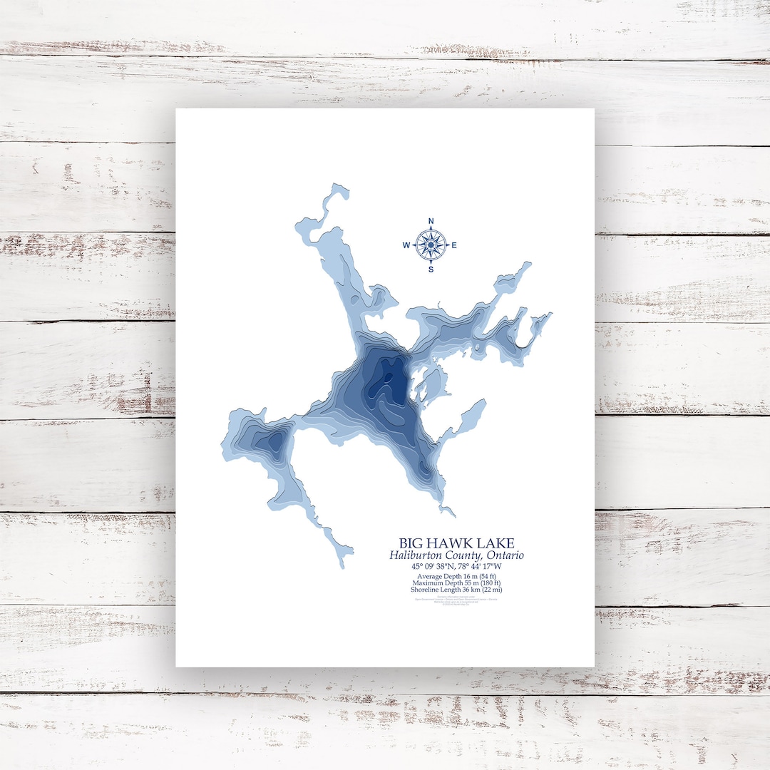 Big Hawk Lake Haliburton County Lake Map Bathymetric Map Custom Lake ...